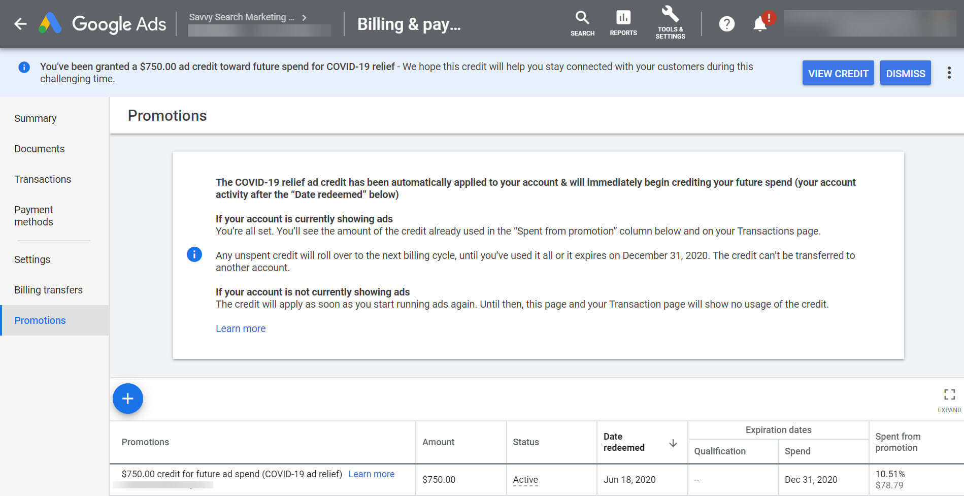 Google Ads Credits Have Been Applied To Eligible Accounts
